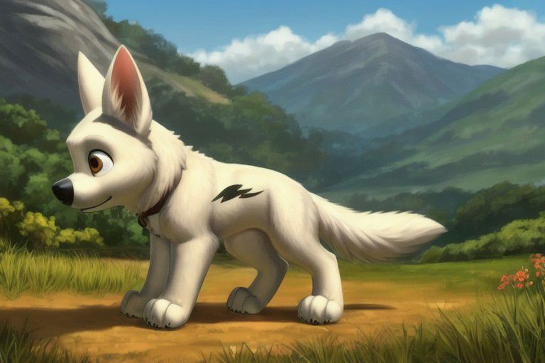 A close up of a dog standing on a dirt road near a mountain - SeaArt AI