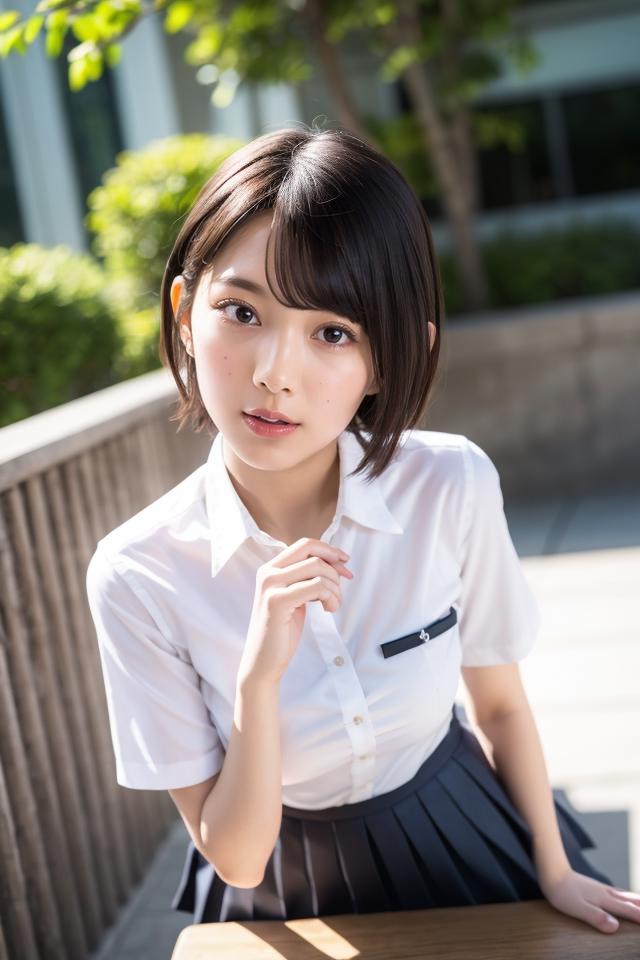 A close up of a woman in a skirt and shirt posing for a picture - SeaArt AI