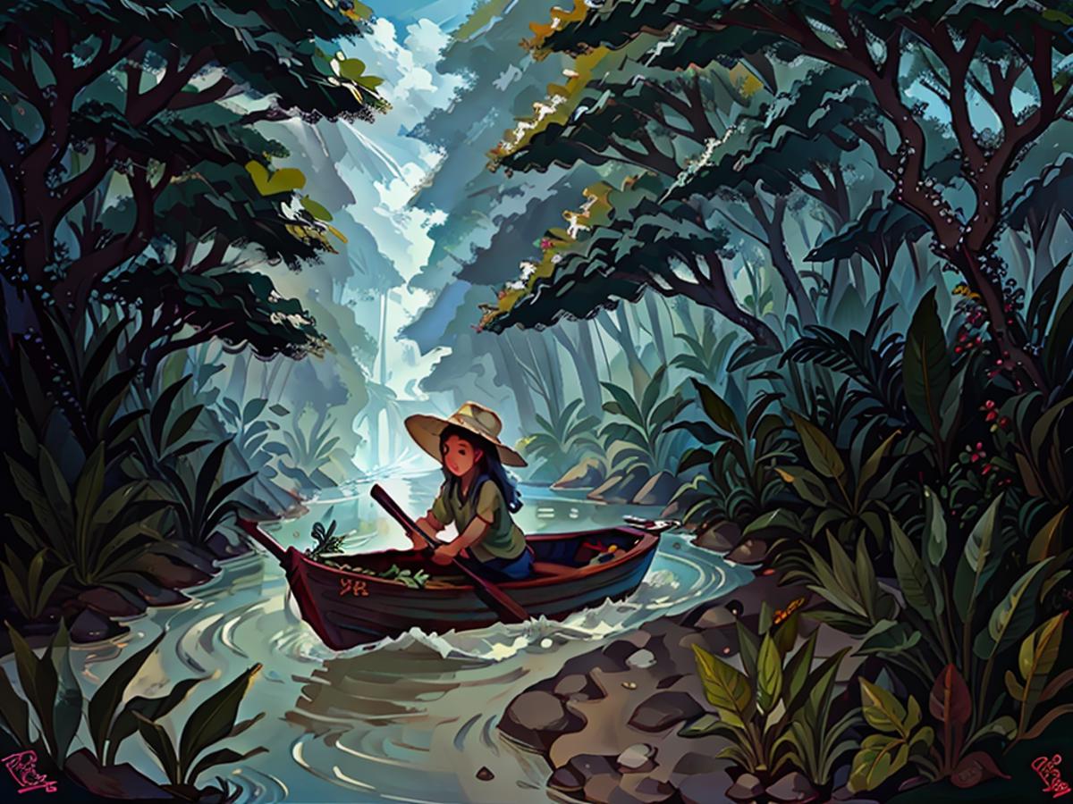 Painting of a man in a boat in a river surrounded by trees - SeaArt AI