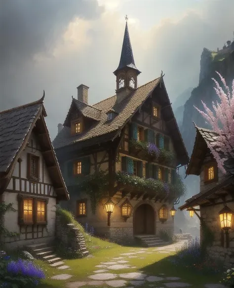 (low contrast ), colorfantasystyle sharp details, a medieval village in ...