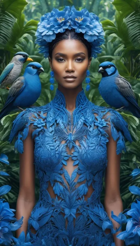 fashion photography portrait of blue human avatar, in blue lush jungle ...