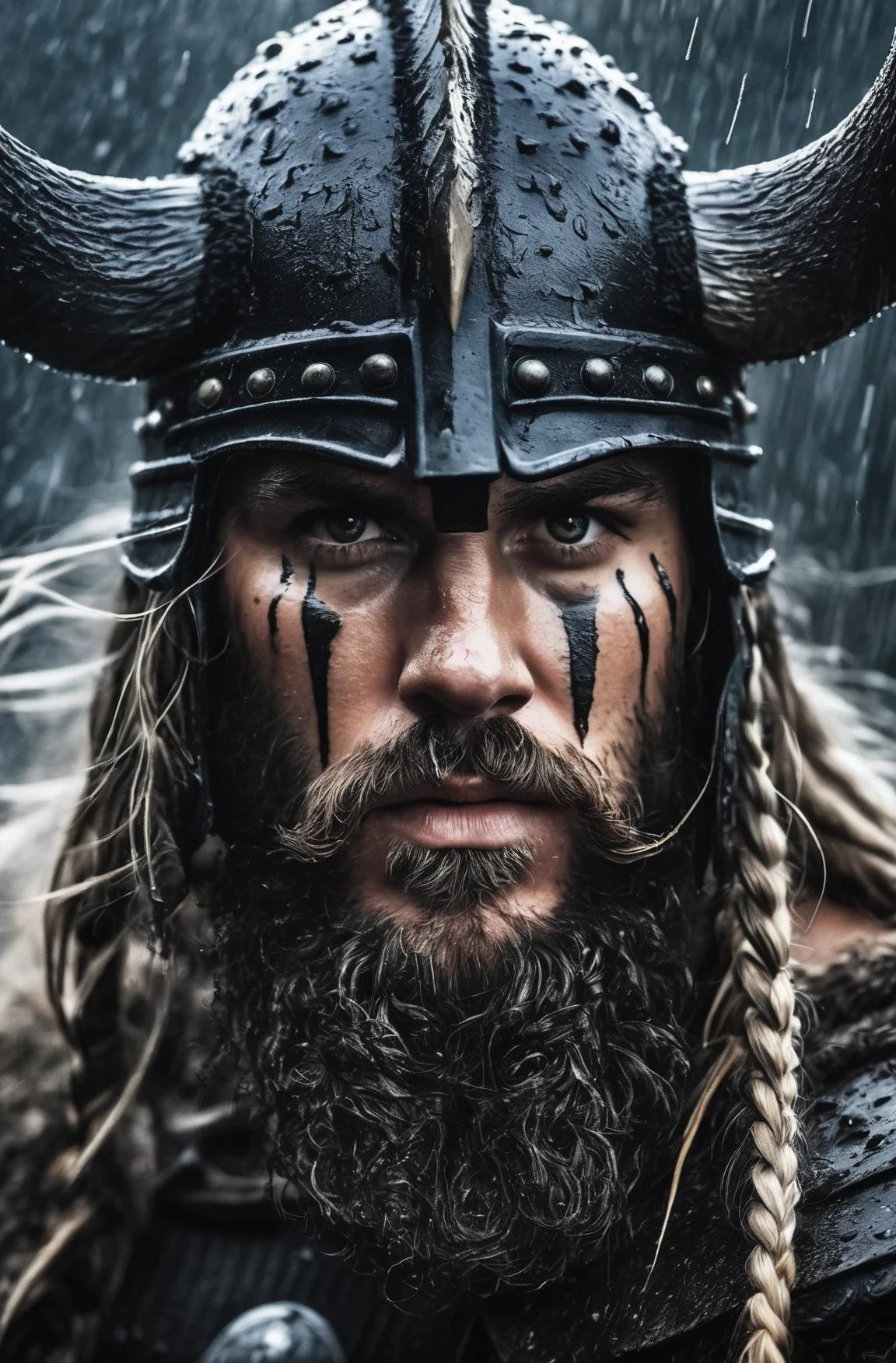 A close-up shot of a fierce Viking King, covered in dripping wet black ...