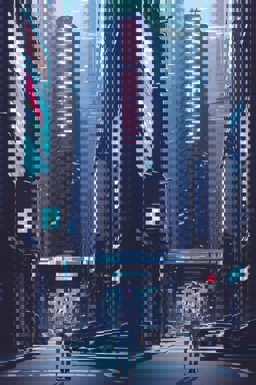 A woman standing in the middle of a city street with a neon sign - SeaArt AI