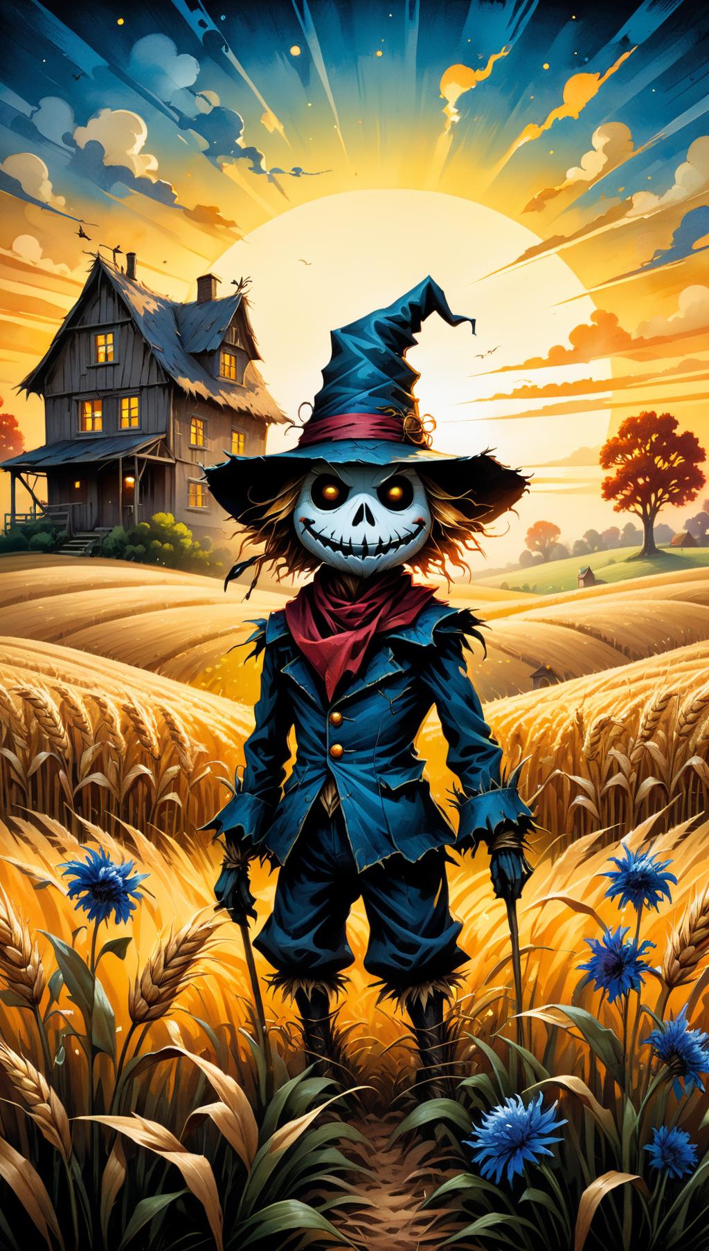 A scare in a field with a house and a scare - SeaArt AI