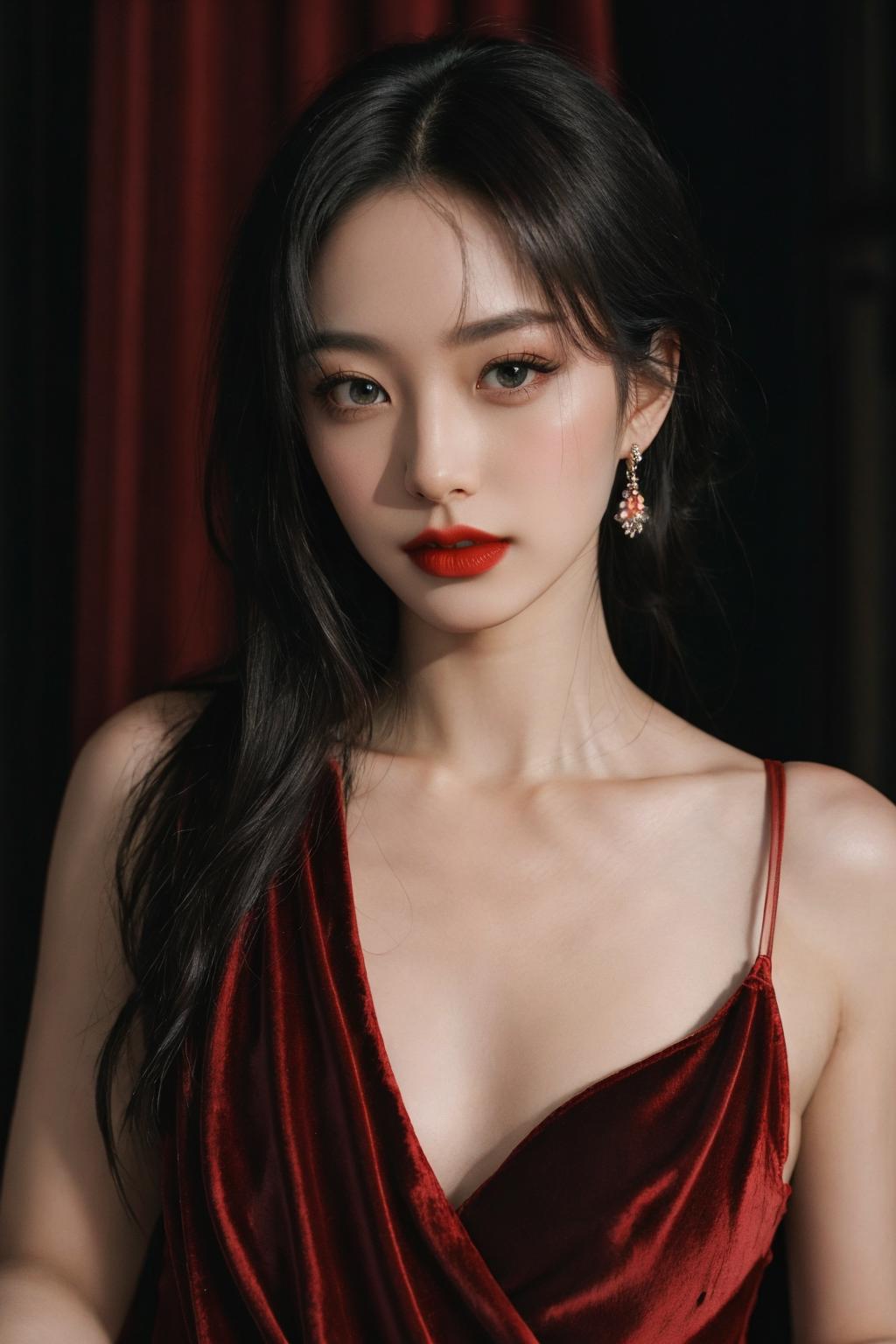 thin lips,Bright red lipstick, - SeaArt AI