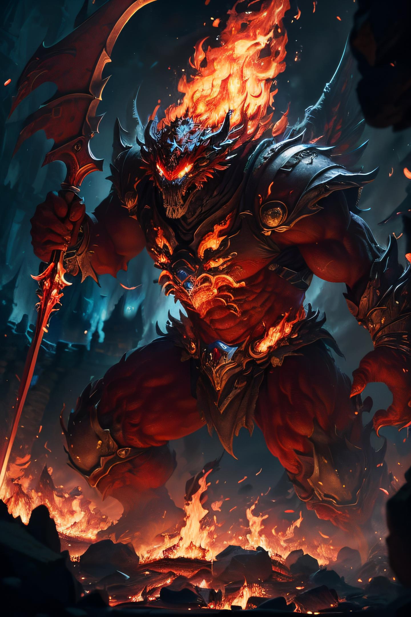 A demonic demon with a sword and fire in his hands - SeaArt AI