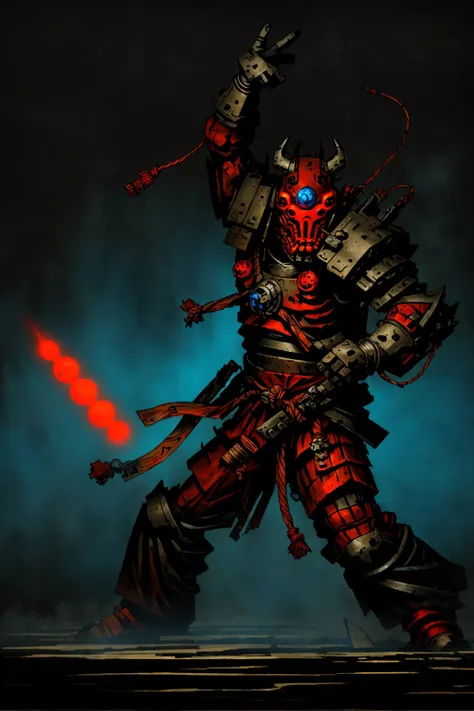 ddstyle close up shot, 1man, red oni mask, dynamic pose, cybernetic ...