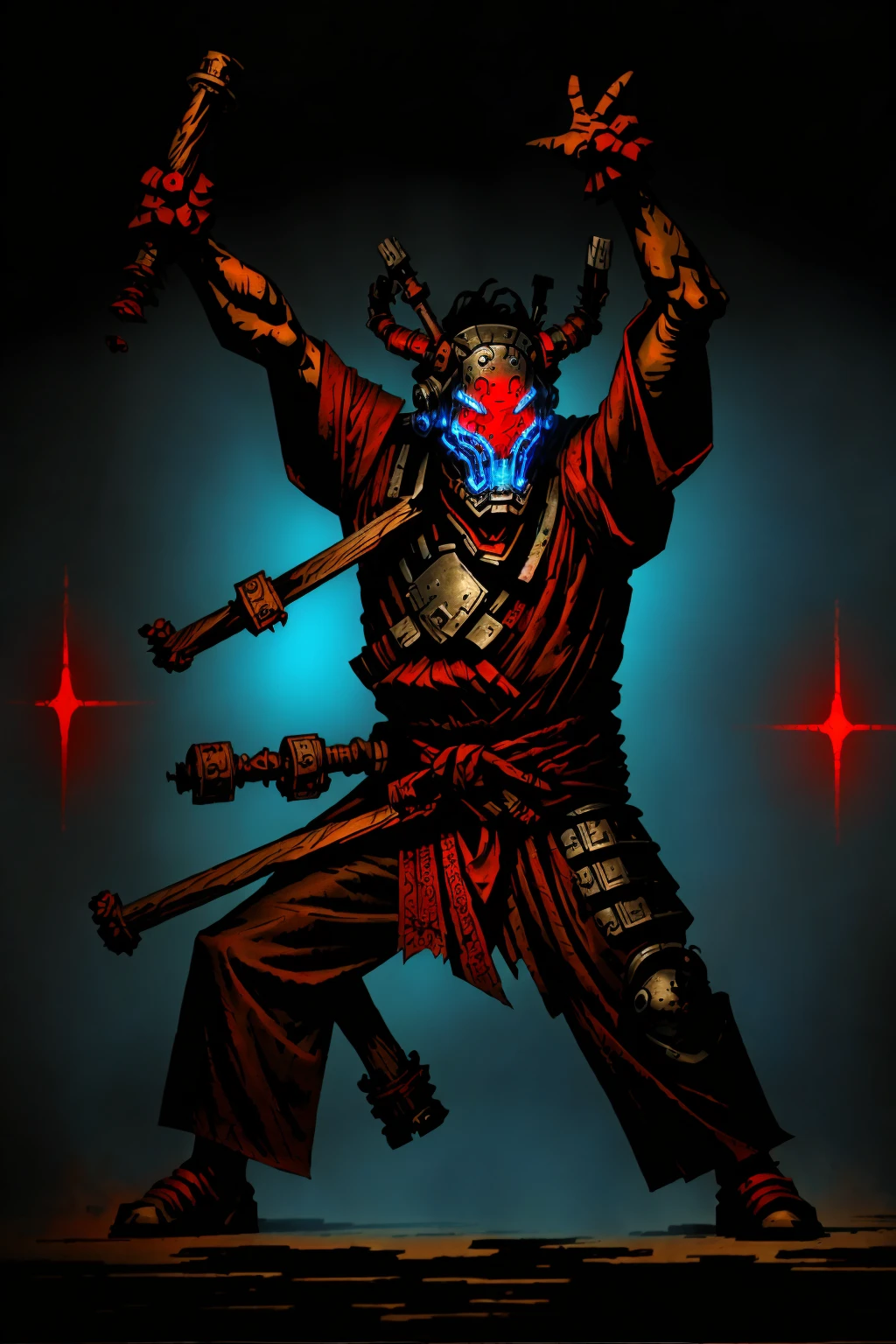 ddstyle close up shot, 1man, red oni mask, dynamic pose, cybernetic ...