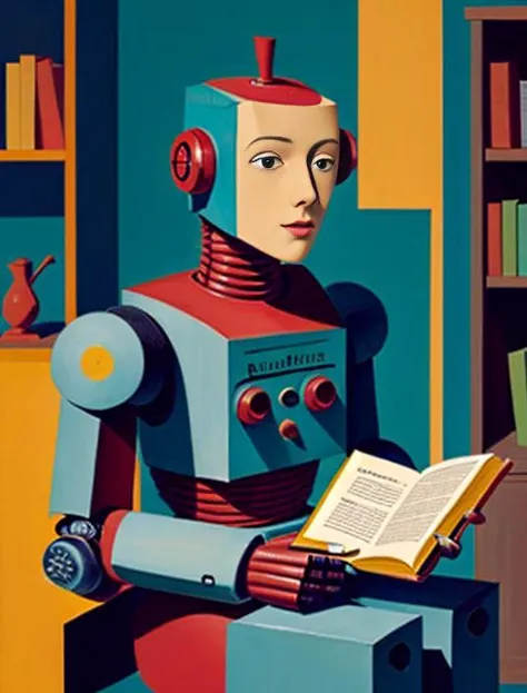 A close up of a robot reading a book in a room - SeaArt AI