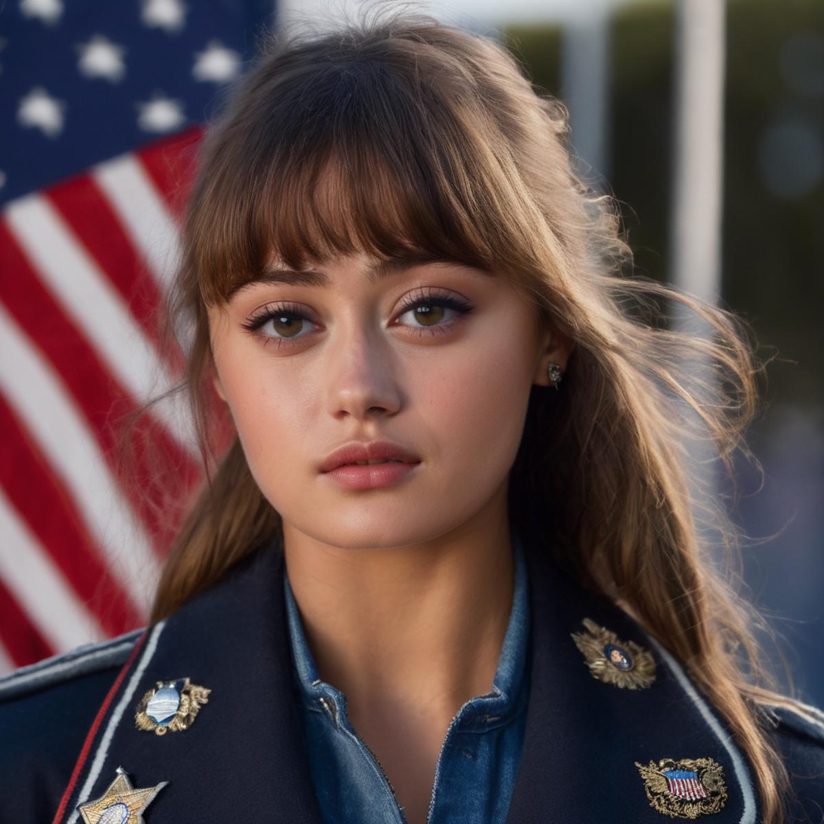 A close up of a woman in a military uniform with an american flag - SeaArt AI