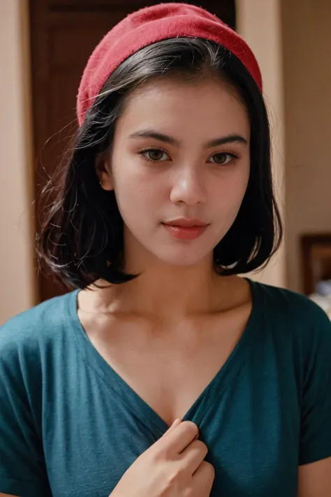 There is a woman that is wearing a red hat and a blue shirt - SeaArt AI