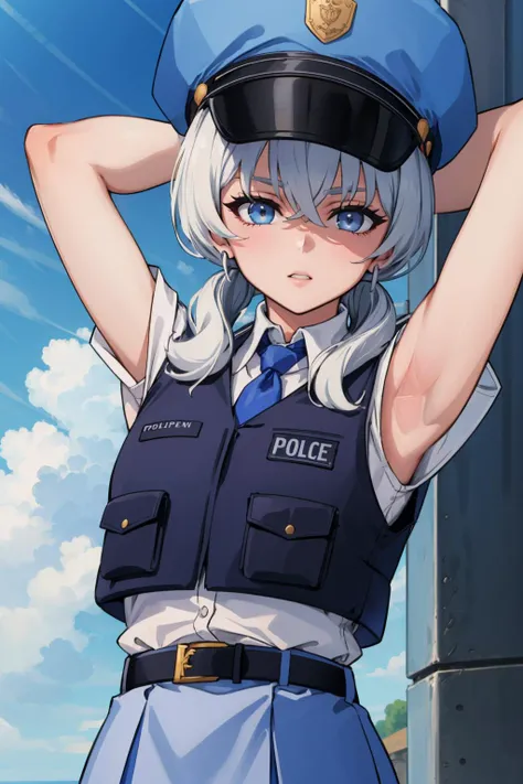 Anime girl in uniform with police hat and blue dress - SeaArt AI