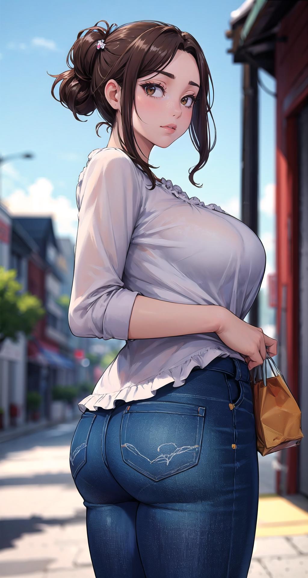 A woman in jeans and a shirt is standing on the street - SeaArt AI