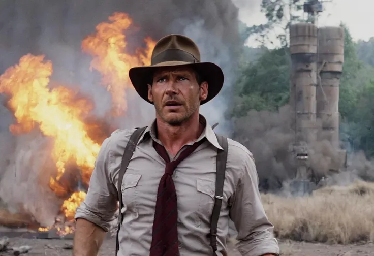 Arafed man in a hat and tie standing in front of a fire - SeaArt AI