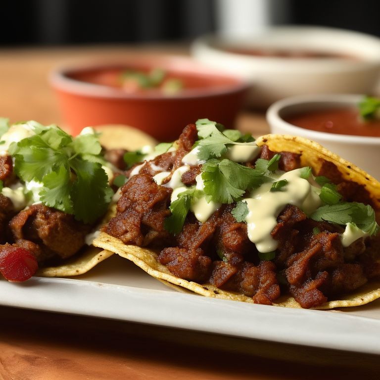 There are two tacos on a plate with sauce and a bowl of salsa - SeaArt AI