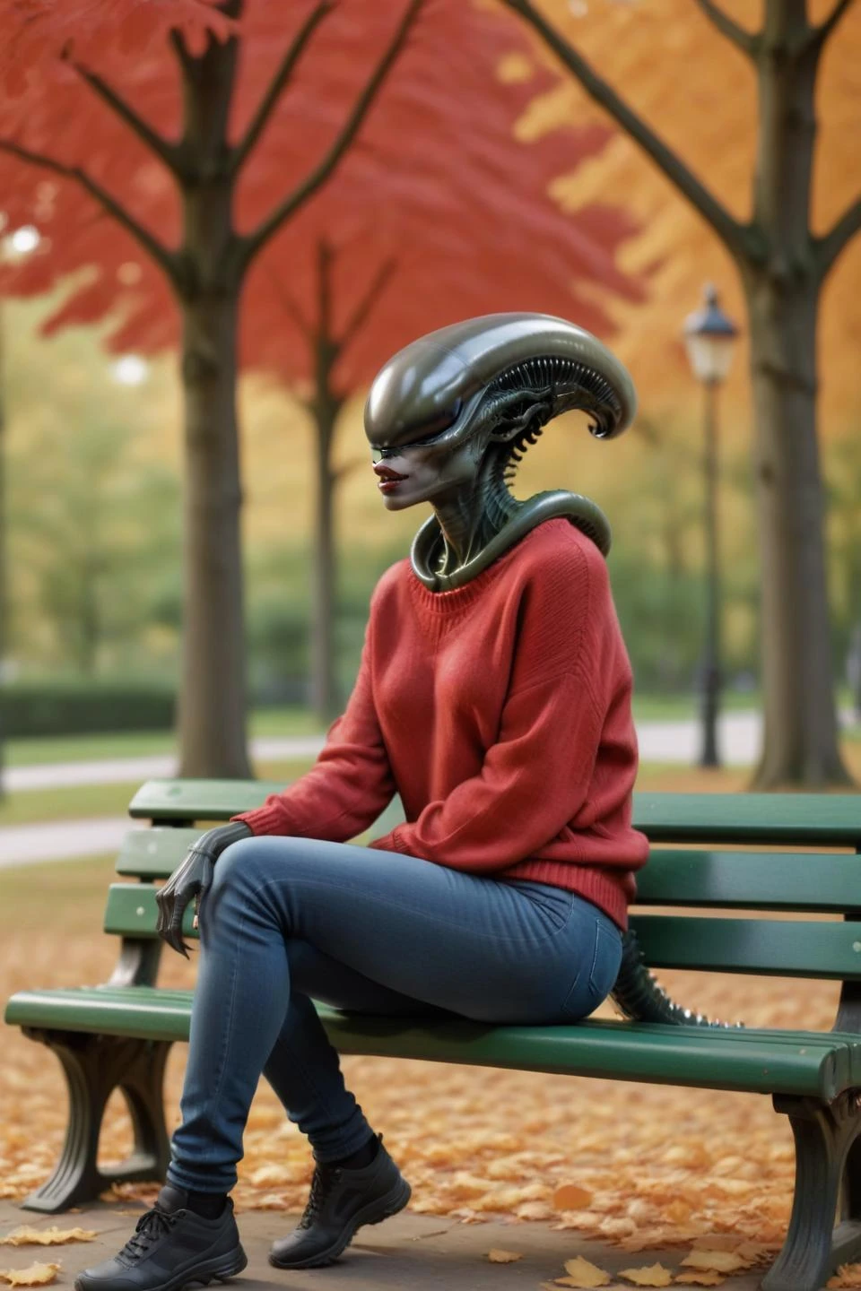female xenomorph sitting on a green park bench in red sweater and jeans ...