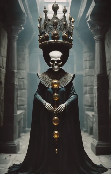medium shot photography of a king Lich with a crown inside a crypt ...
