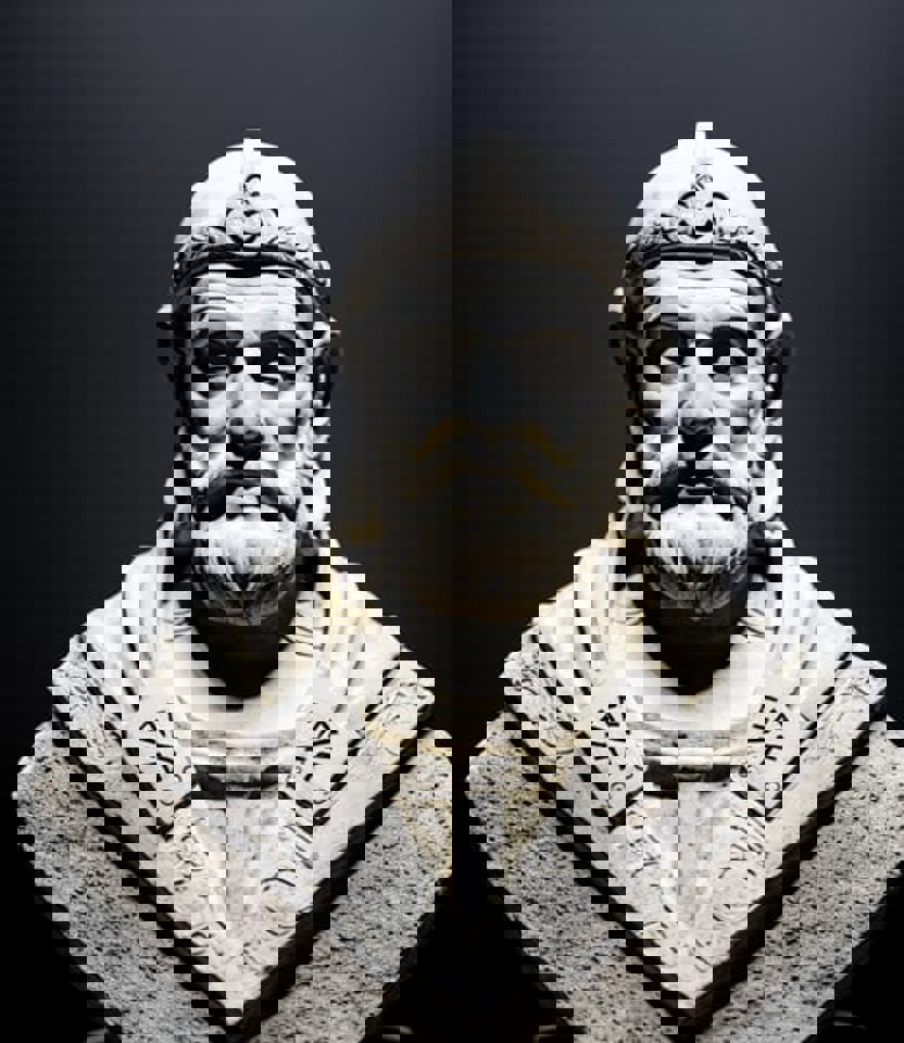 mockup, marble bust sculpture of geometric ancient undead priest ...