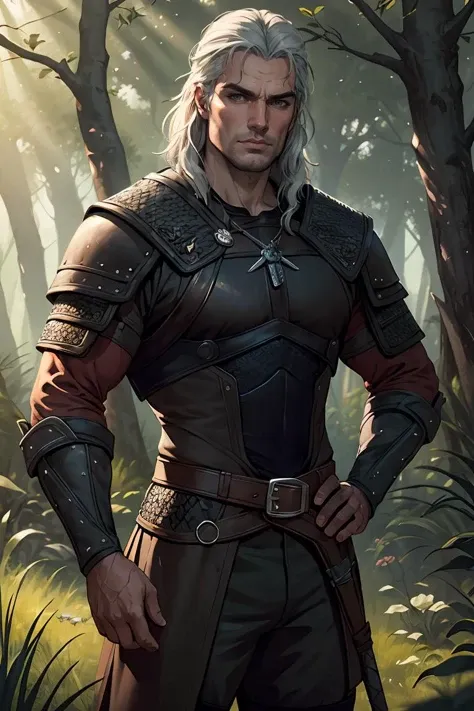cowboy shot of henry cavill as geralt of rivia, muscular, chainmail ...