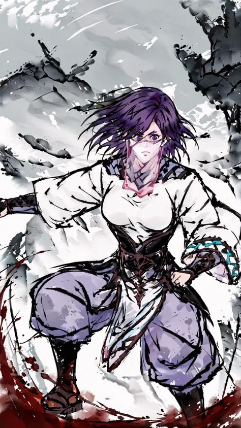 A drawing of a woman with purple hair and a sword - SeaArt AI