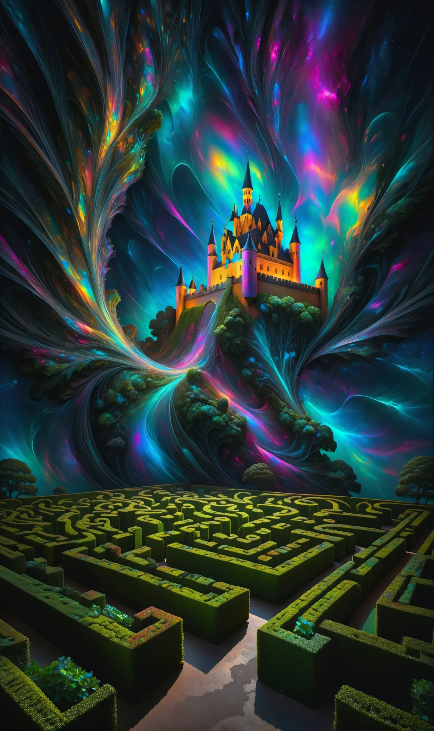 Un castillo colorido rodeado de laberintos y un cielo de arcoíris ...