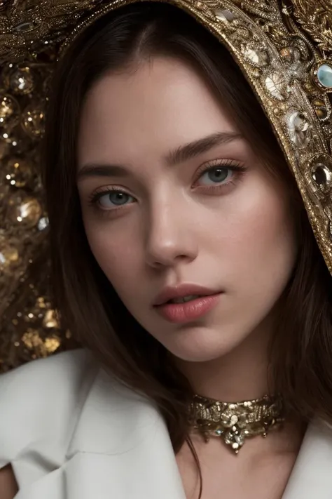 A woman wearing a gold crown and a white dress - SeaArt AI