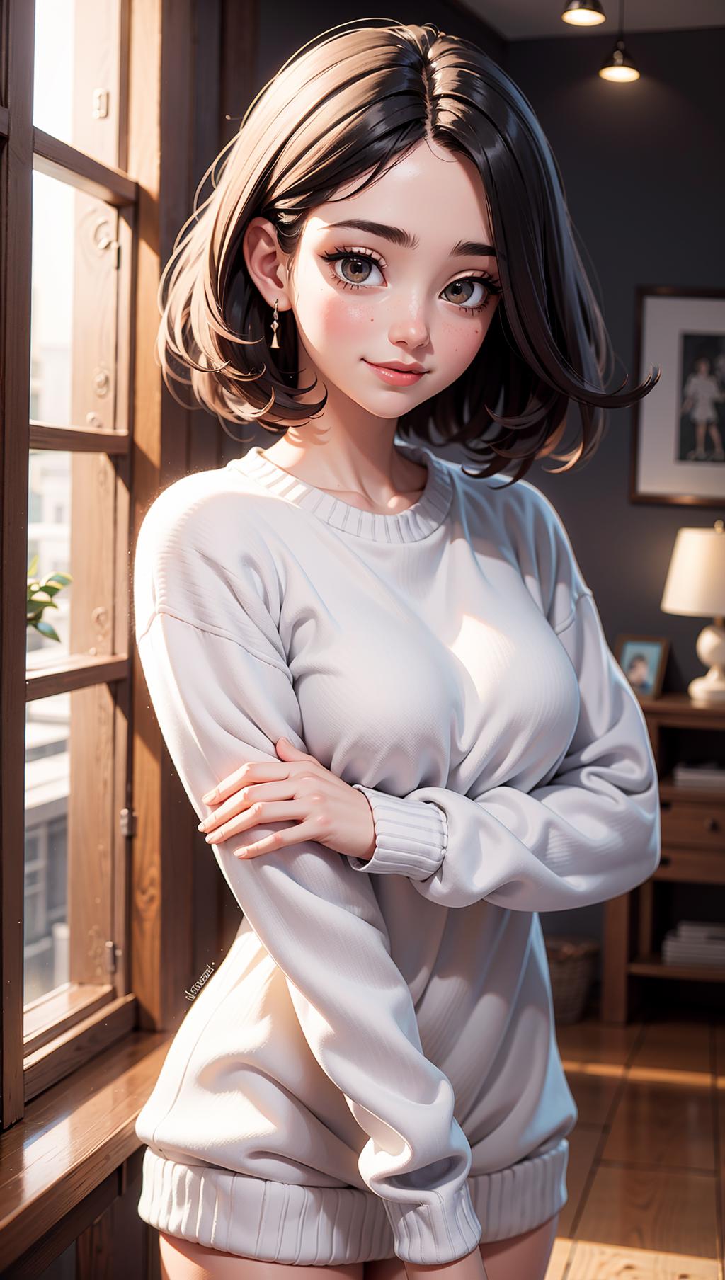 A woman in a white shirt and shorts standing in front of a window - SeaArt AI