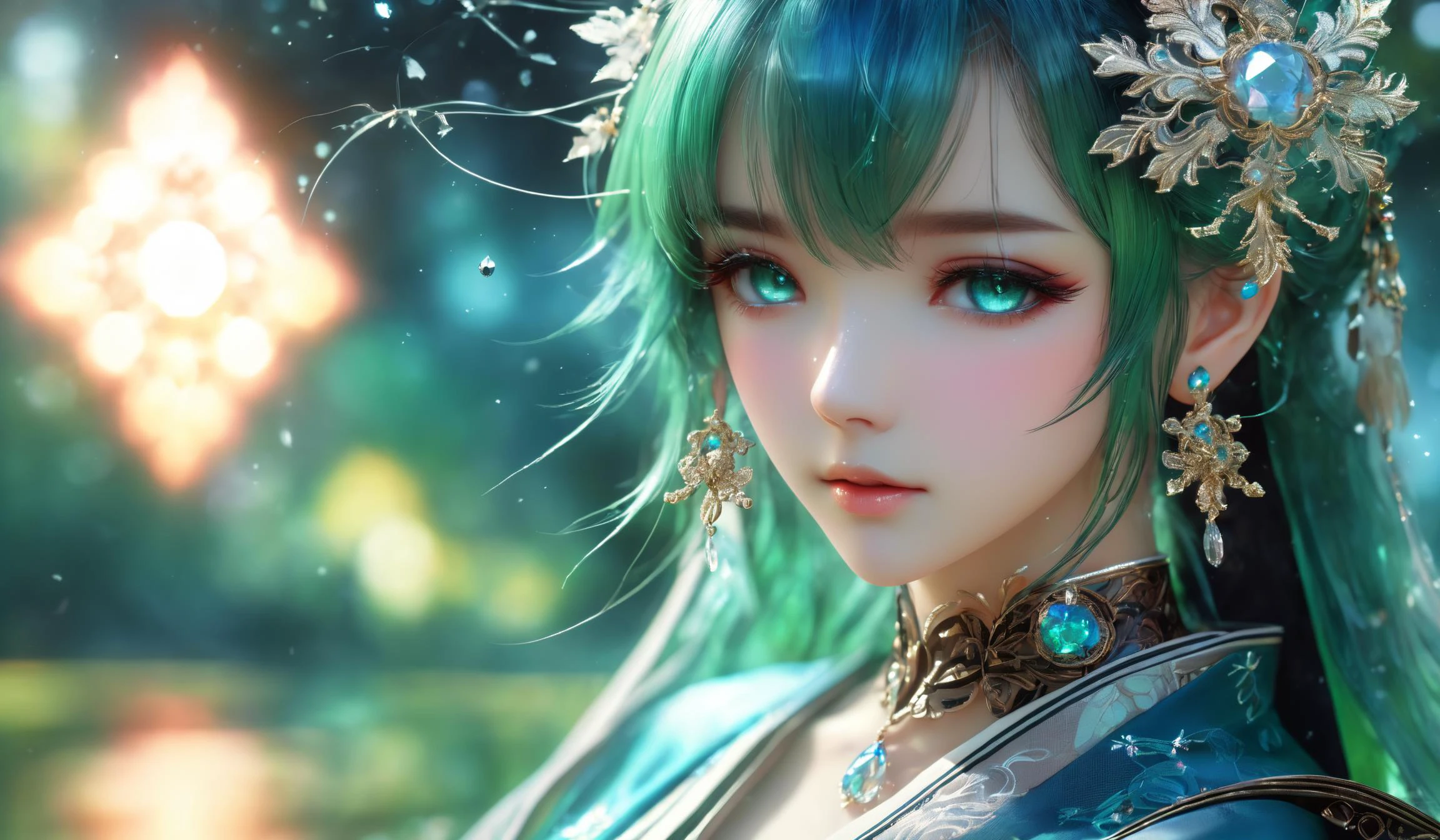 A close up of a woman with green hair and a flower in her hair - SeaArt AI