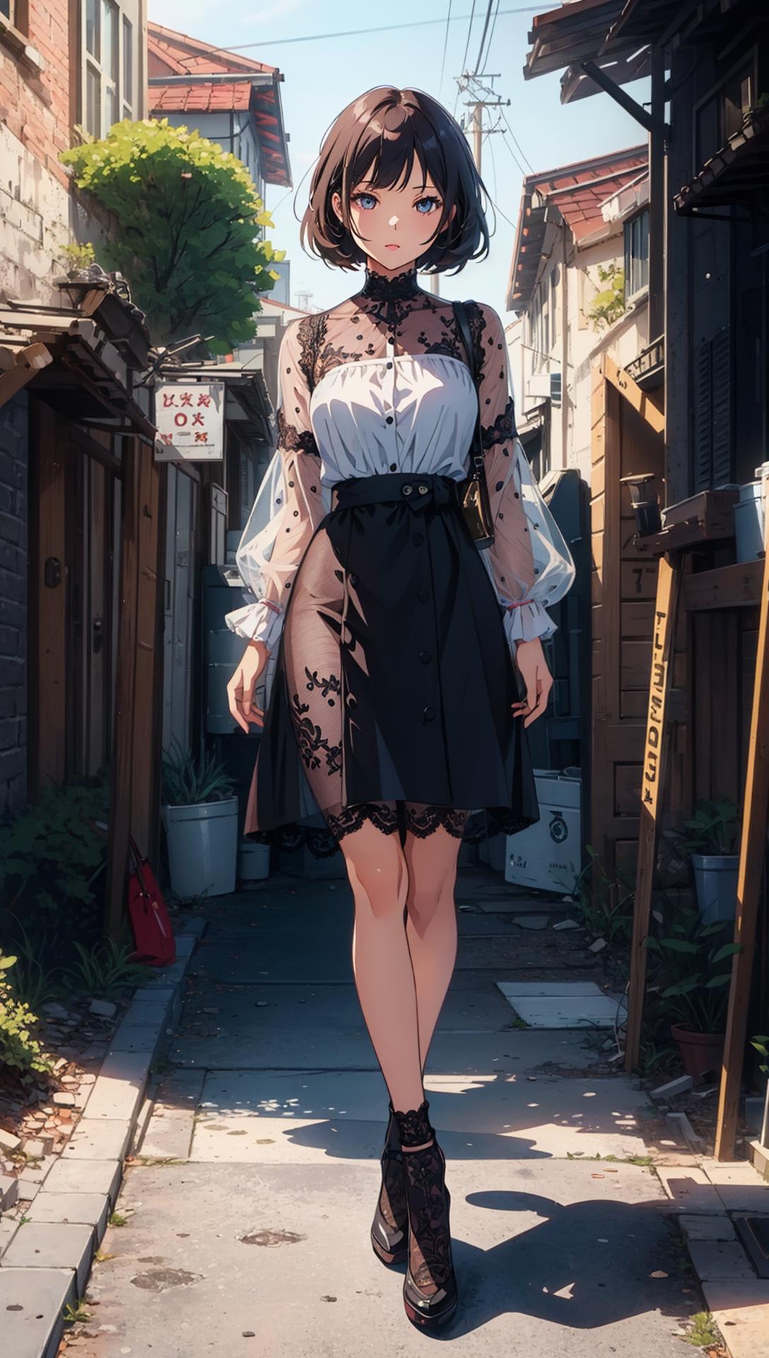 A woman in a black and white dress is walking down a narrow alleyway - SeaArt AI