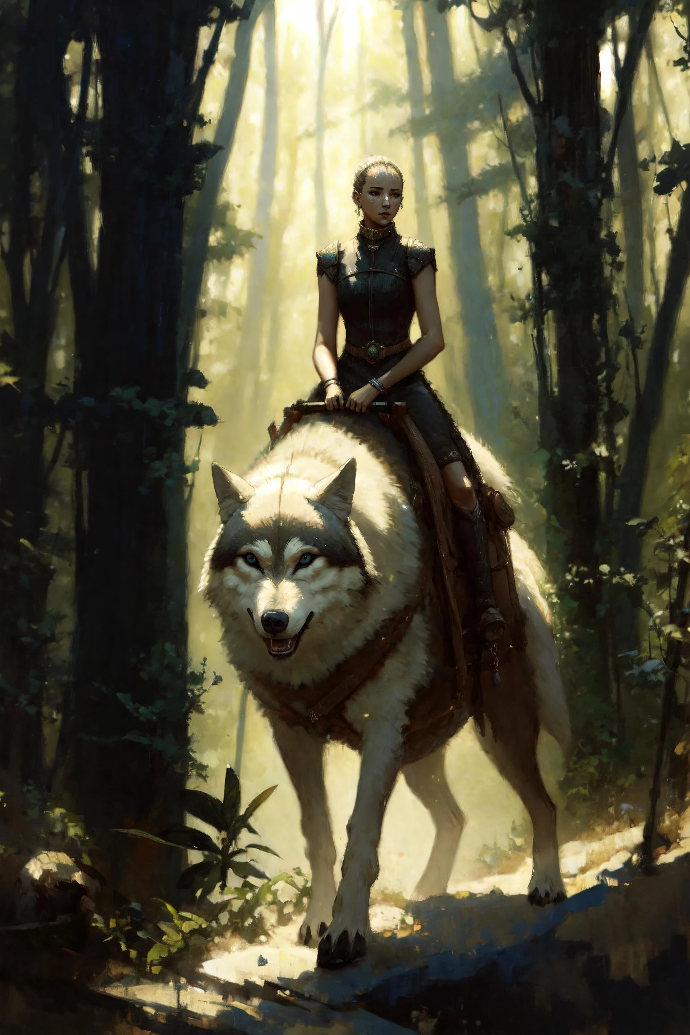 A woman riding a wolf in the woods with a forest background - SeaArt AI