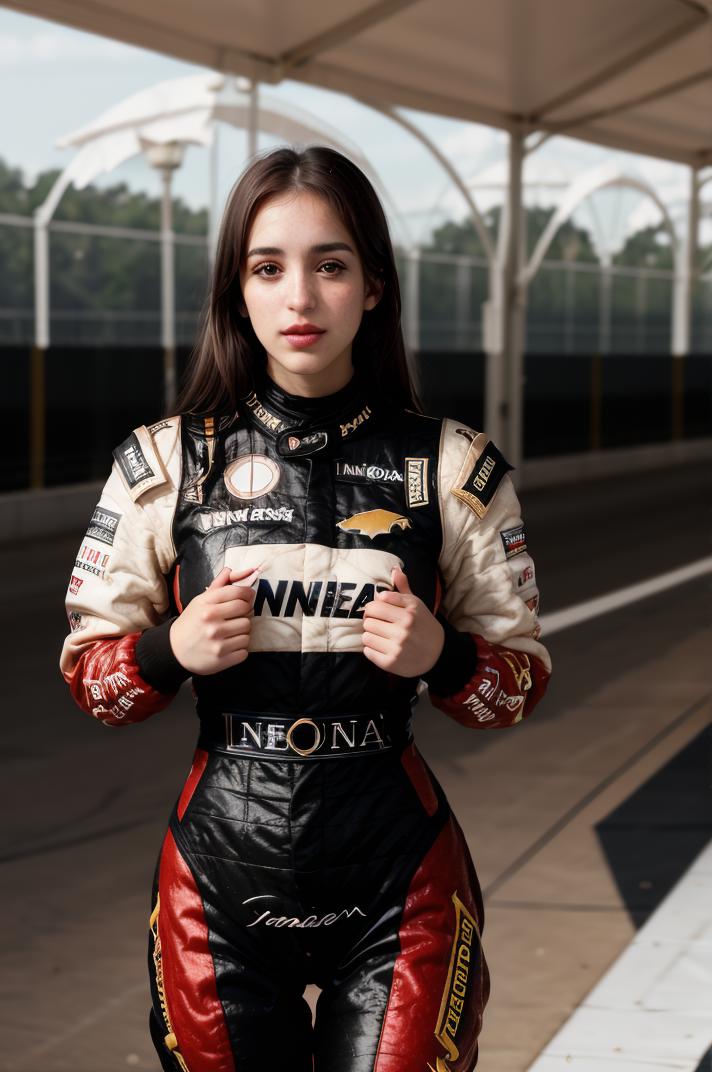 A woman in a racing suit standing on a track - SeaArt AI