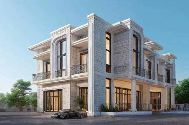 A rendering of a modern house with a lot of windows - SeaArt AI