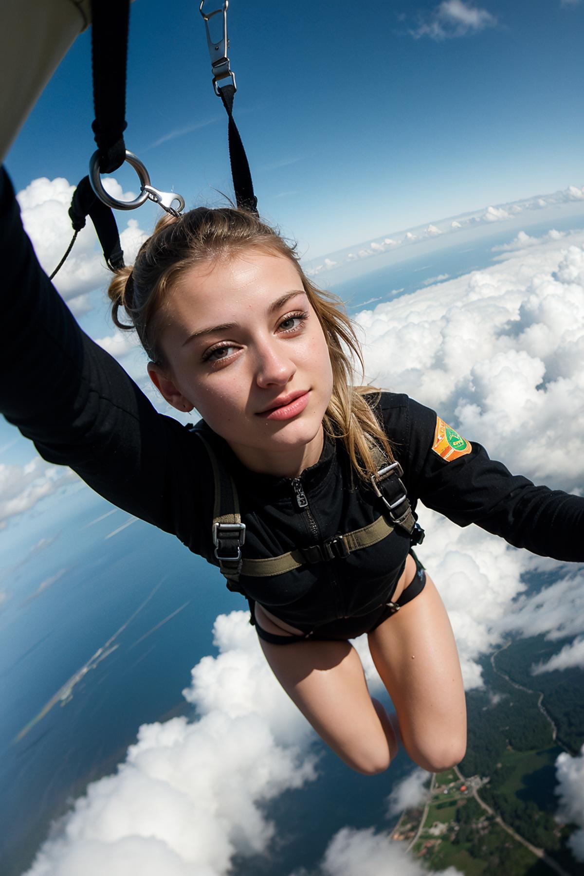Arafed woman in black shirt flying through the air with a parachute - SeaArt AI