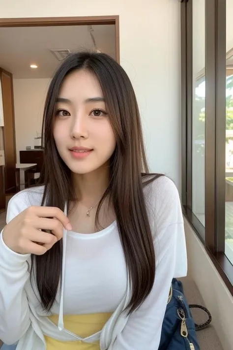 A close up of a woman with long hair wearing a white shirt - SeaArt AI