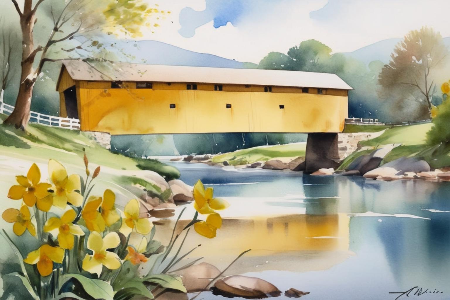 Painting of a covered bridge over a river with yellow flowers - SeaArt AI