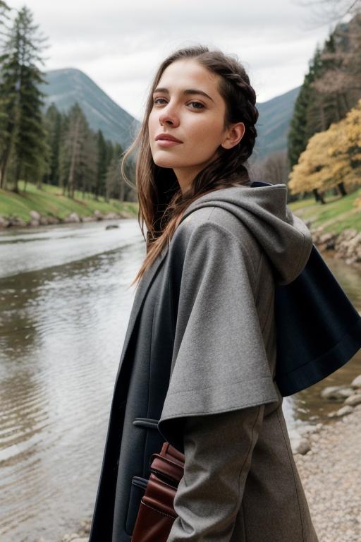 A woman standing by a river wearing a cape and a handbag - SeaArt AI