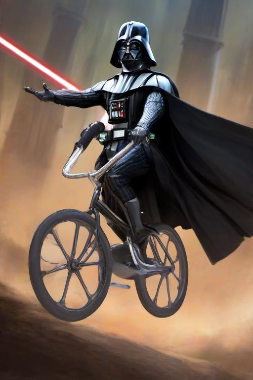 Darth vader riding a bike with a light saber - SeaArt AI