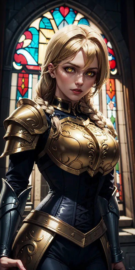 upper body of paladin lady in ornate golden armor, black collar ...