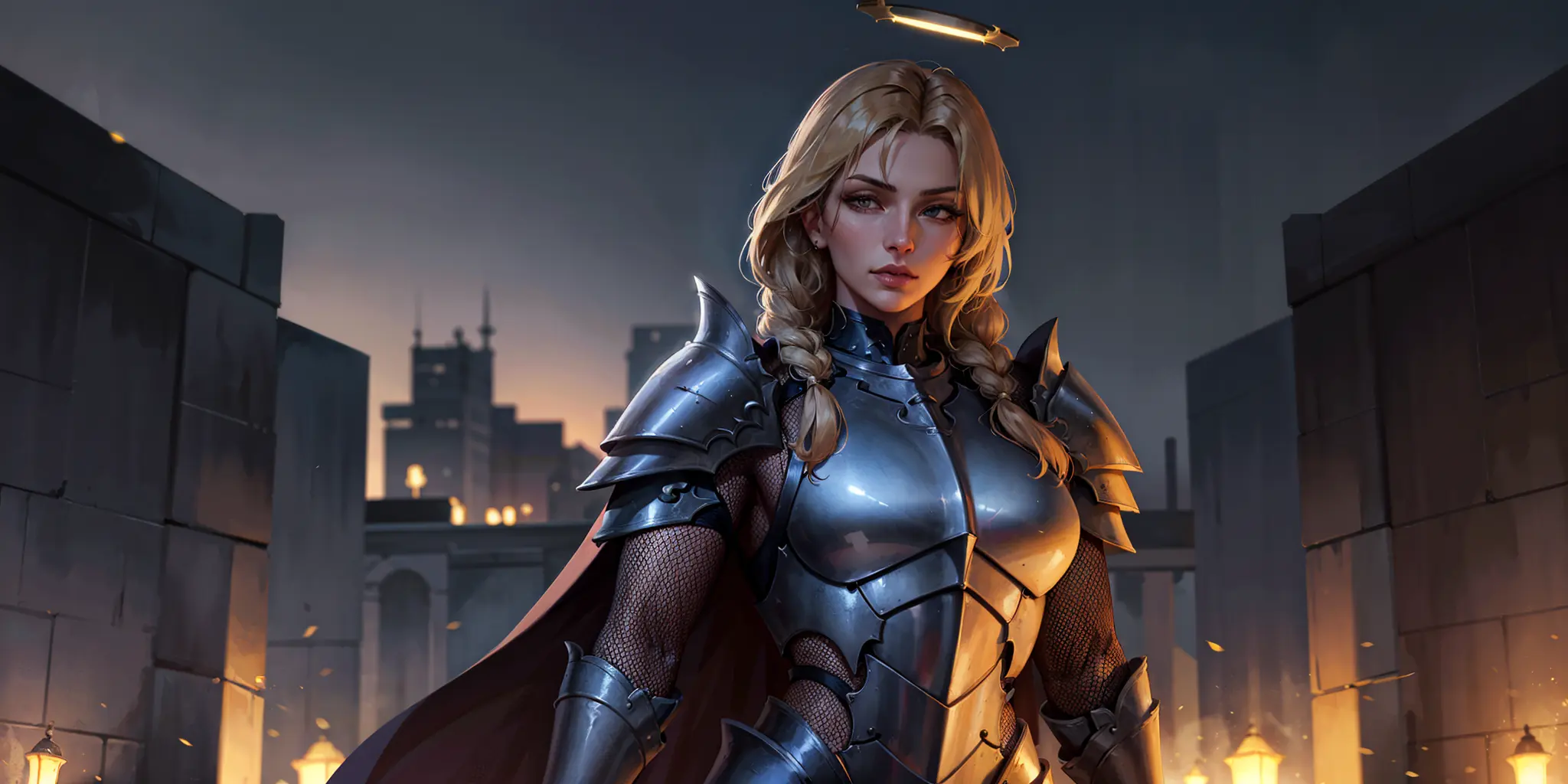 1girl, portrait of paladin lady in fishnet black armor, pauldrons ...