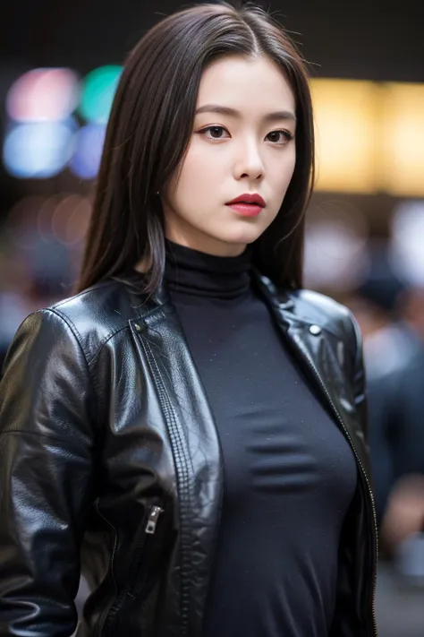 A close up of a woman in a black leather jacket - SeaArt AI