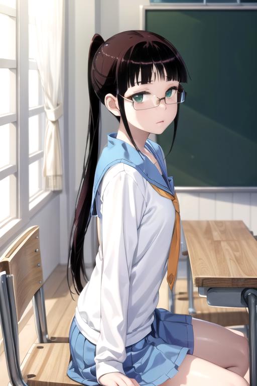 Anime girl sitting in front of a blackboard in a classroom - SeaArt AI