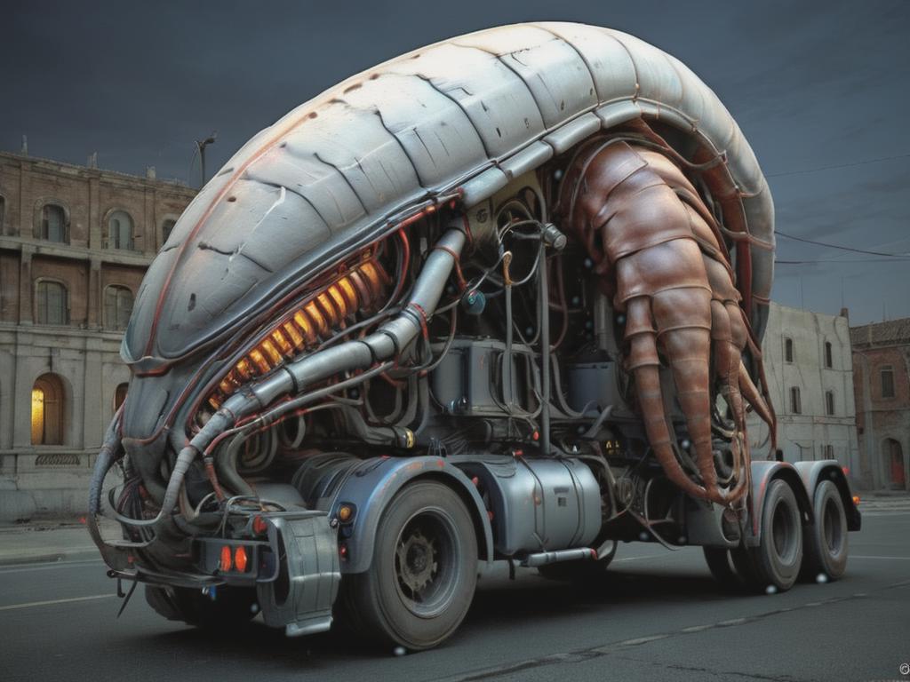 A close up of a large truck with a giant octopus on the back - SeaArt AI