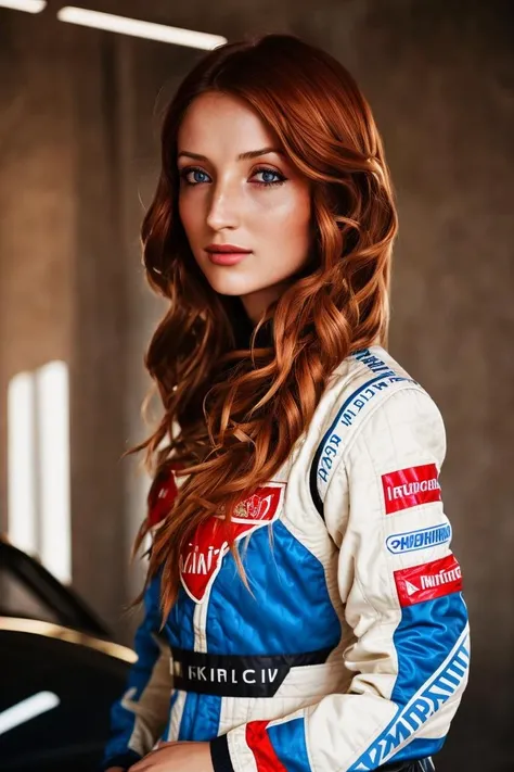 A stunning intricate full color portrait of a cute woman,wearing a race ...