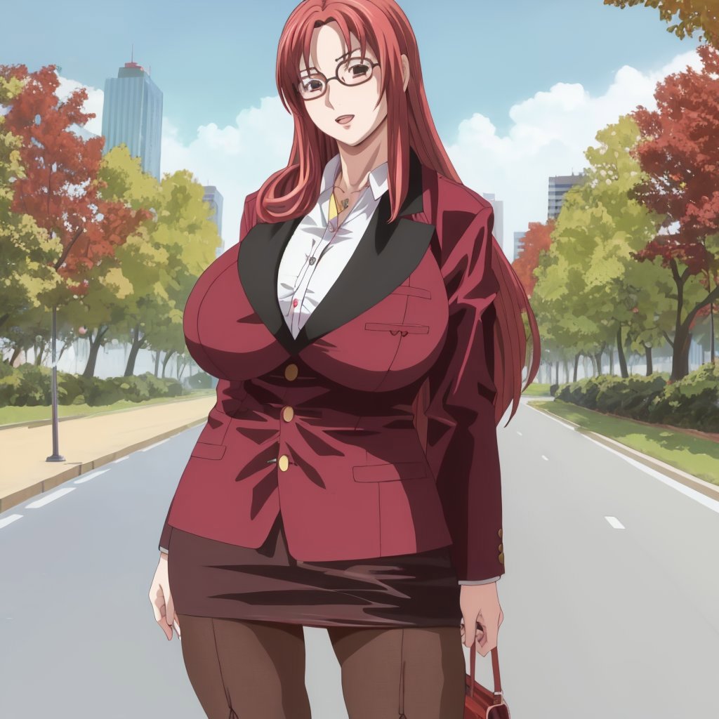 Ichinose Sayaka, 1 girl, (((bimbo))), long red hair, ear rings, green eyes, glasseimbo))), puffy ...