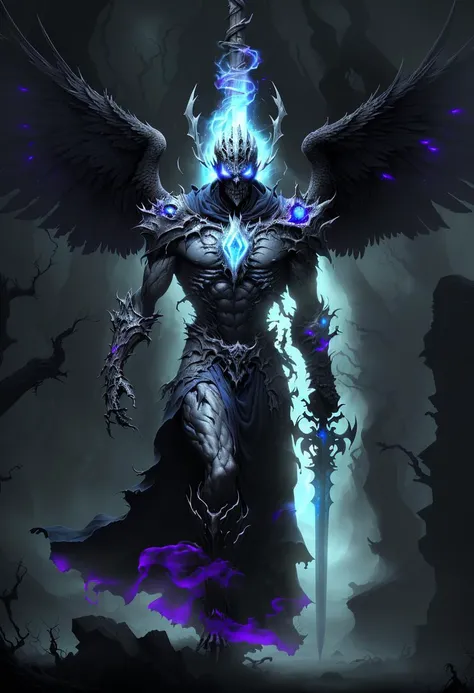 A dark angel with blue wings and a sword in his hand - SeaArt AI