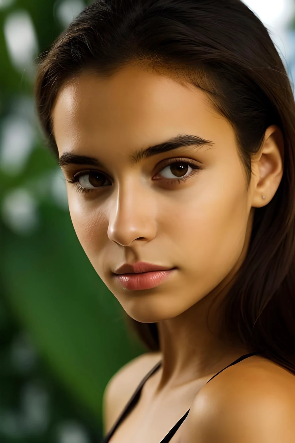 Un primer plano de una mujer con un top negro y un fondo verde - SeaArt AI