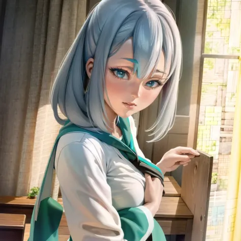 Anime girl with blue eyes and gray hair in a room - SeaArt AI
