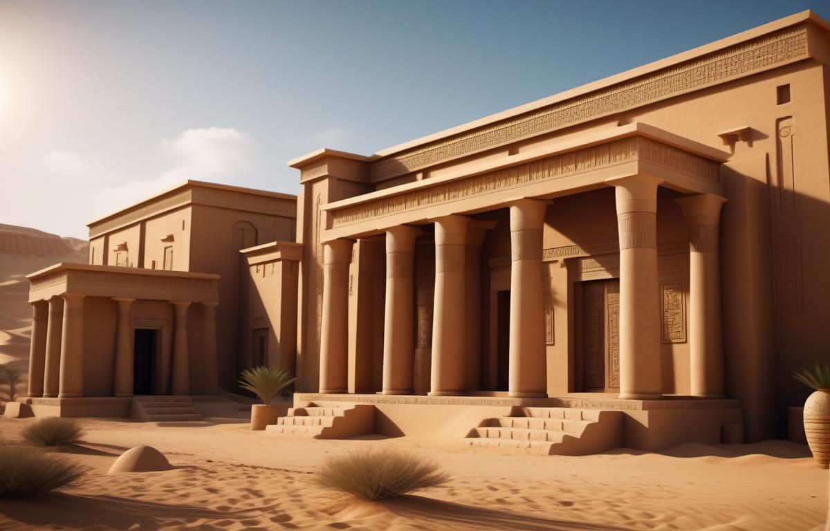 Arafed building in the desert with columns and a sun in the background - SeaArt AI