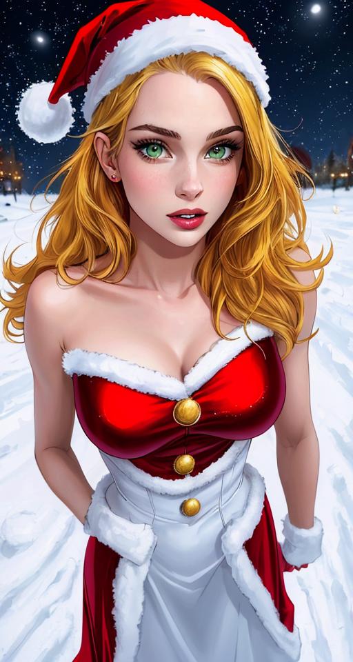 A woman in a santa outfit standing in the snow - SeaArt AI