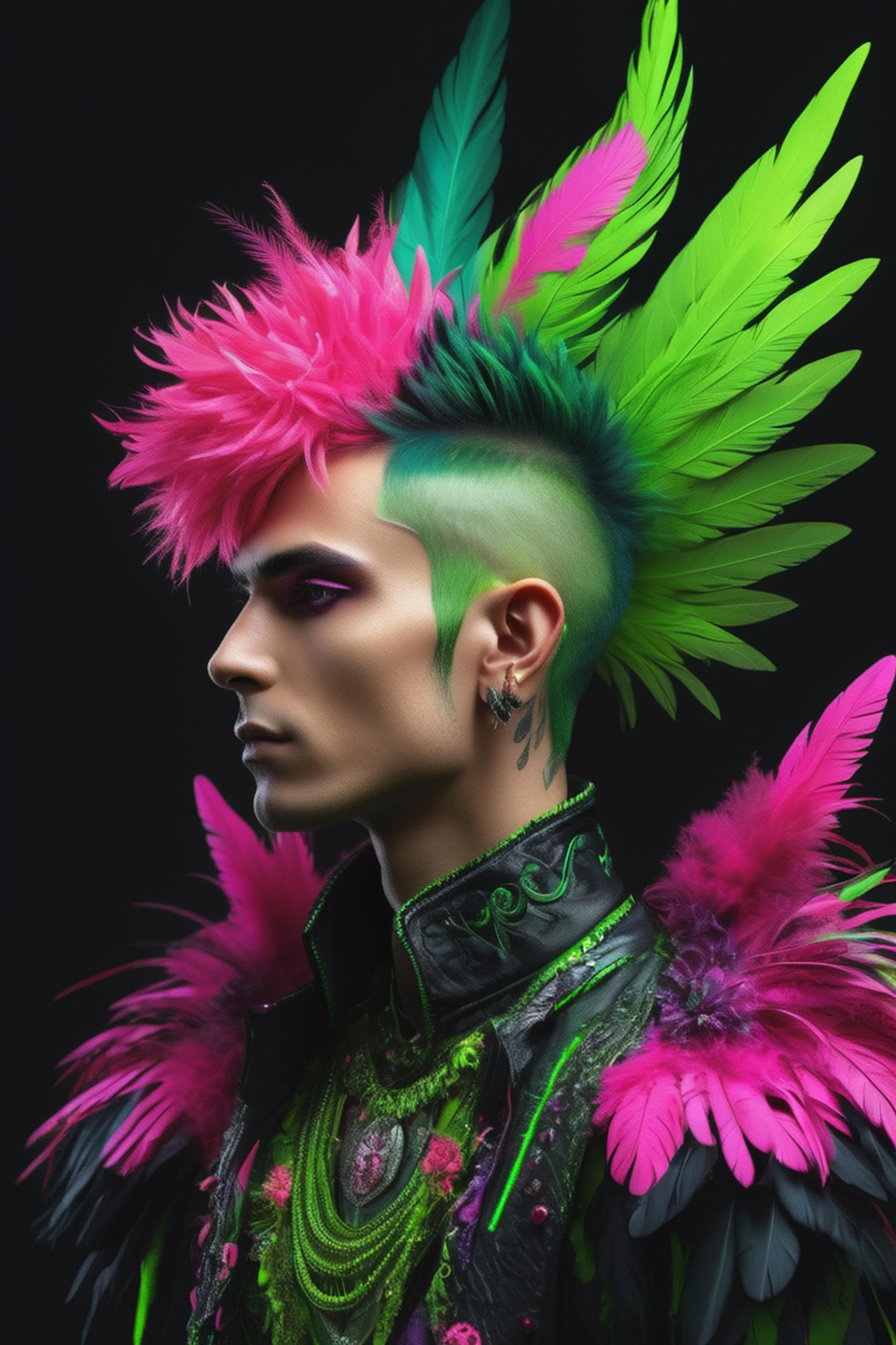 a 1990s elven goth prince with wings, neon green and neon pink mohawk ...